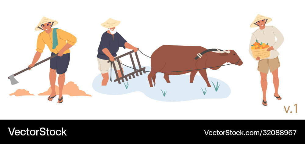 Asian farmer character set flat isolated Vector Image