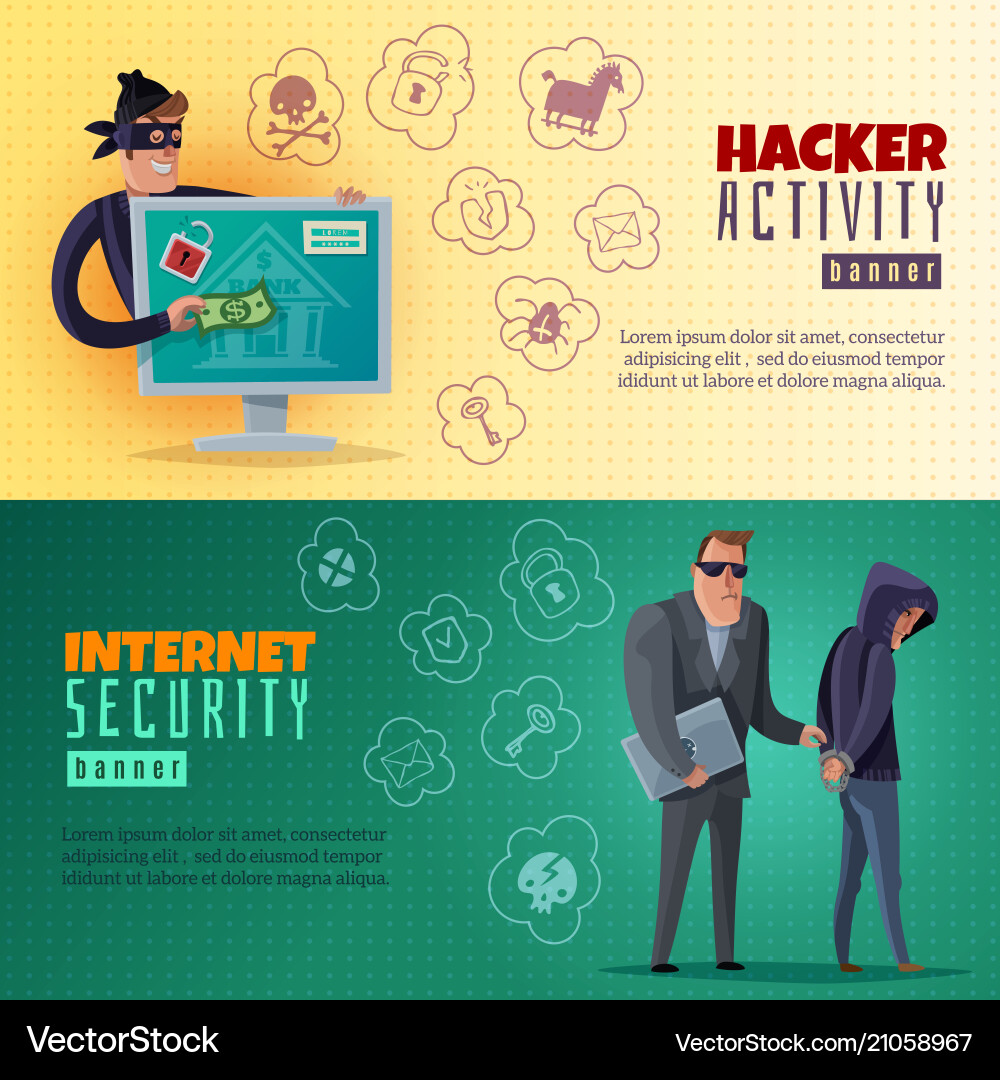 Hacker Cartoon horizontale Banner Lizenzfreies Vektorbild