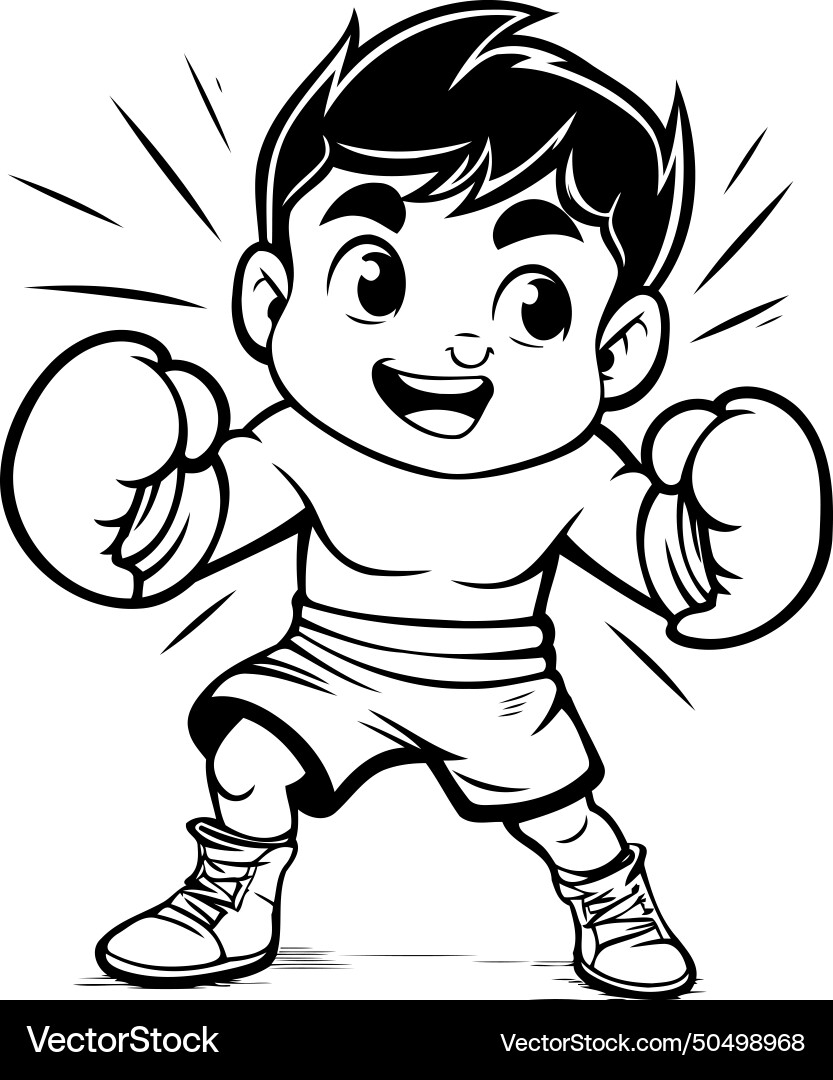 Cartoon boxer kid - black and white Royalty Free Vector
