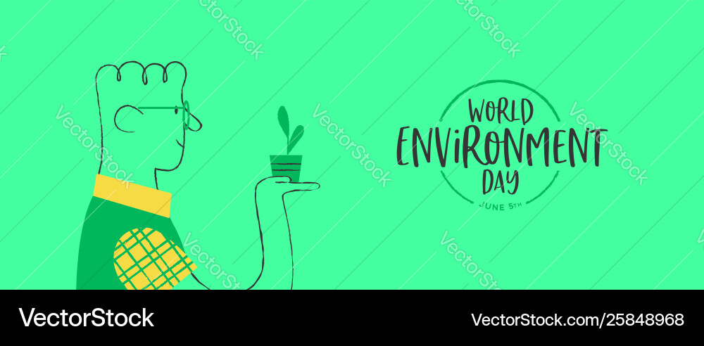 Environment day banner happy man with plant Vector Image