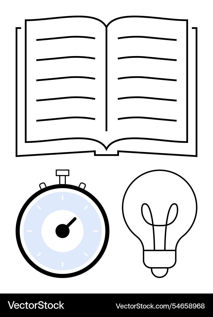 Open book stopwatch and light bulb highlighting Vector Image