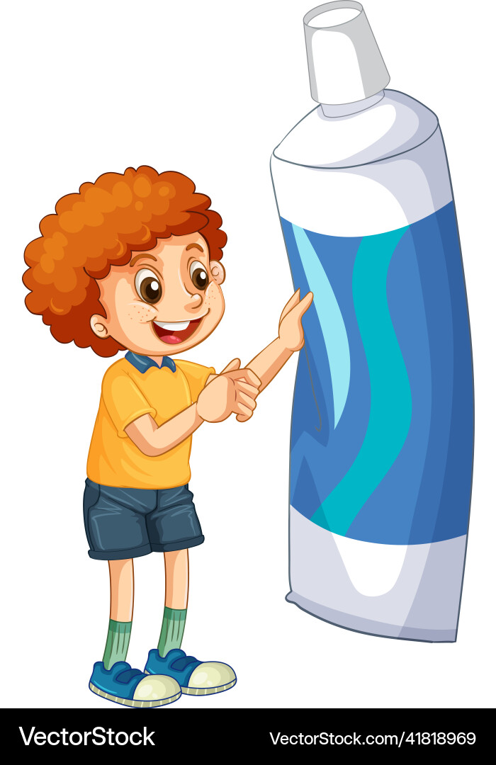 A little boy holding toothpaste on white Vector Image