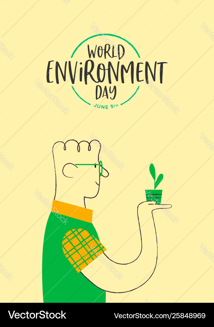 Environment day card happy man with plant Vector Image