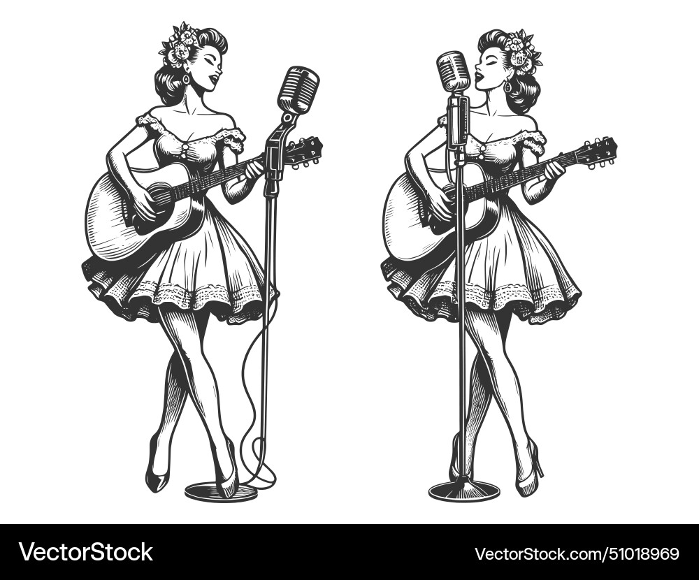 Female singer performing engraving Royalty Free Vector Image