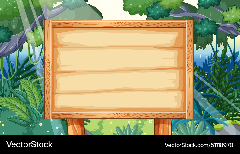 Blank wooden signboard in a lush forest setting Vector Image