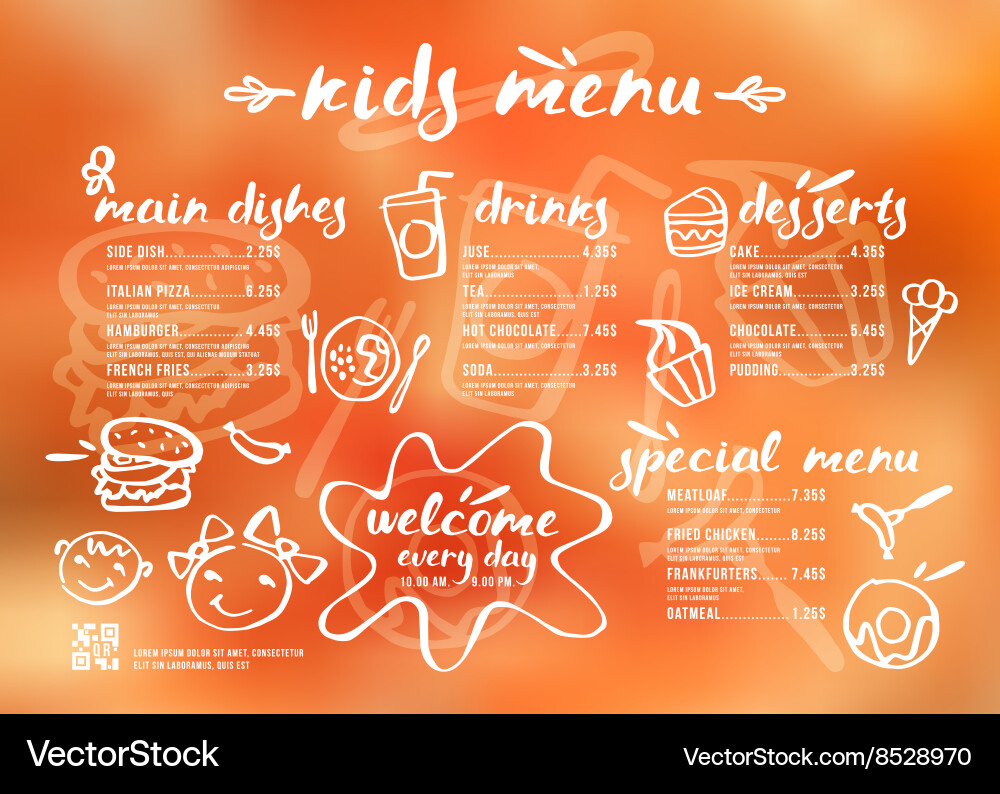 Kids menu template with lettering and badges Vector Image
