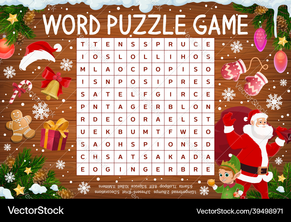 Christmas Word Puzzle Game - Santa & Elf Vector Image