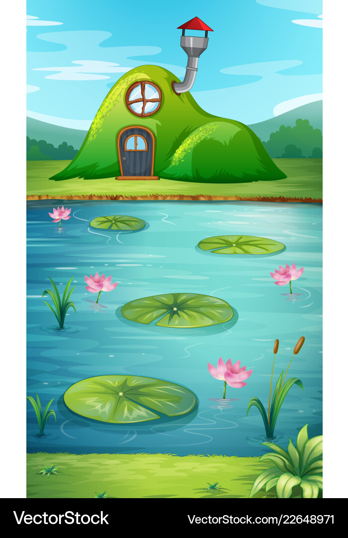Hill house next to the pond Royalty Free Vector Image
