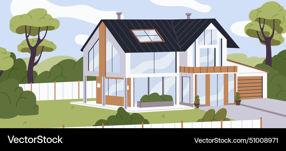 Modern two story house with garage facade Vector Image