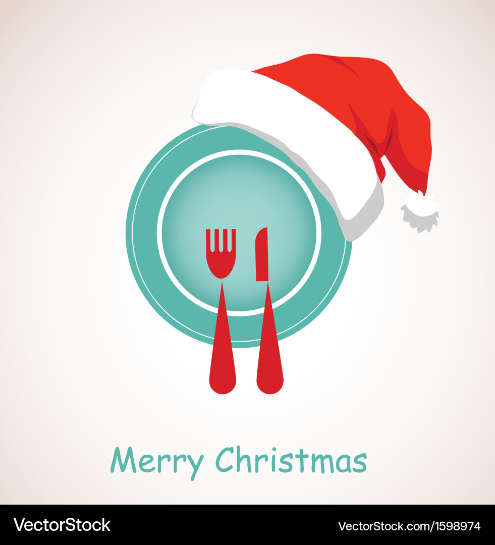 Christmas dinner plate wearing red hat Royalty Free Vector