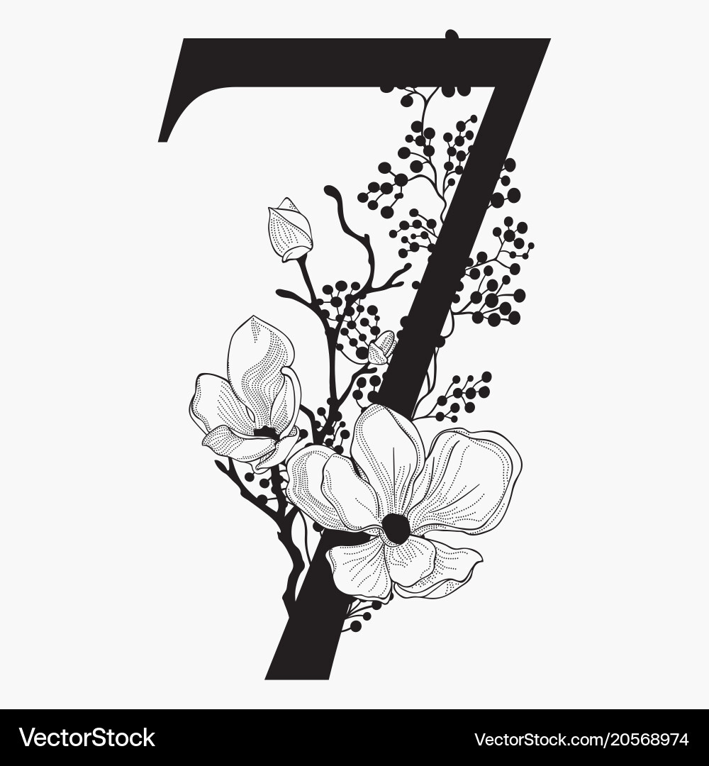 Hand drawn floral number seven monogram Royalty Free Vector