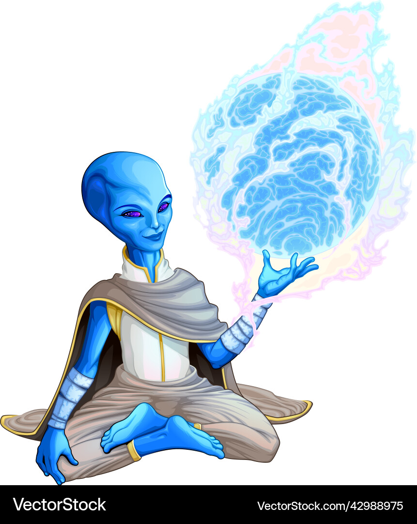 Blue alien and a sphere of energy Royalty Free Vector Image