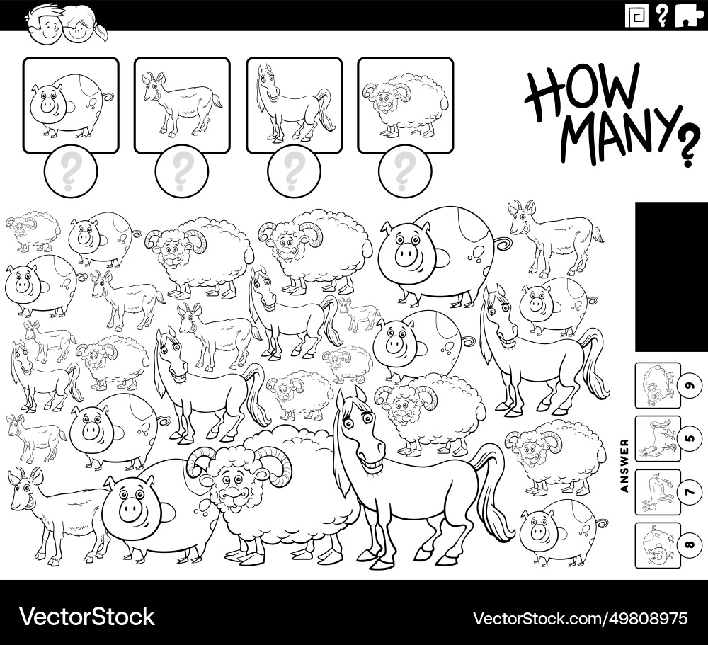 Counting activity with cartoon farm animals Vector Image