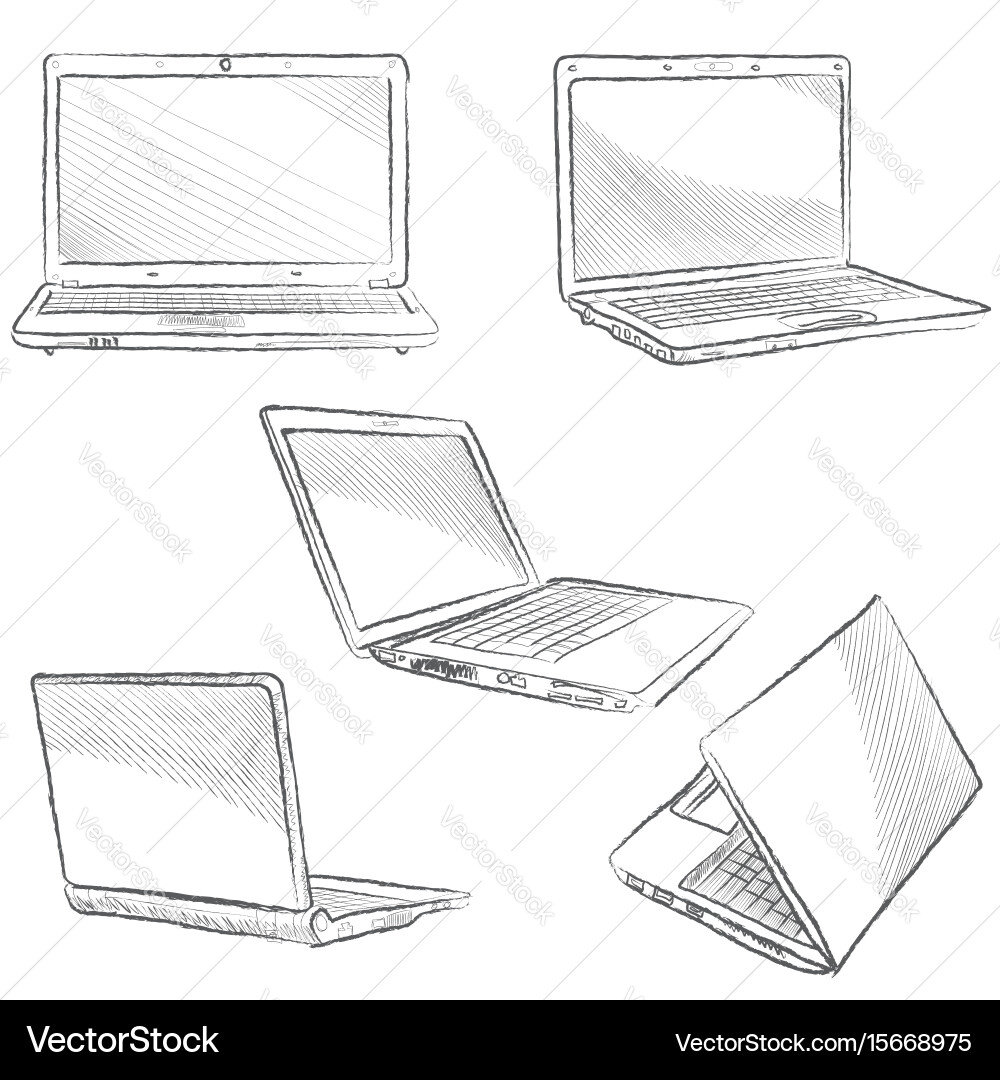 Laptop set computer hand drawn sketch doodle Vector Image