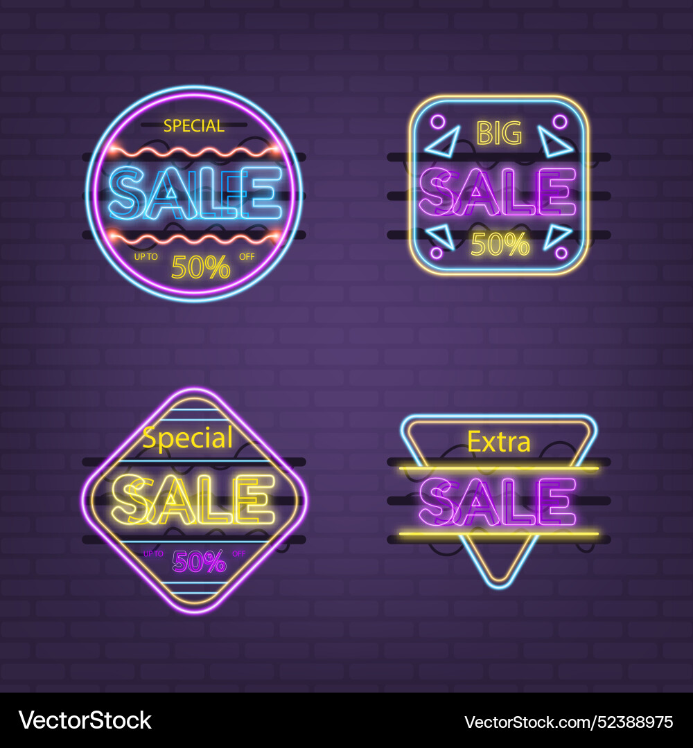 Neon sale sign design collection Royalty Free Vector Image