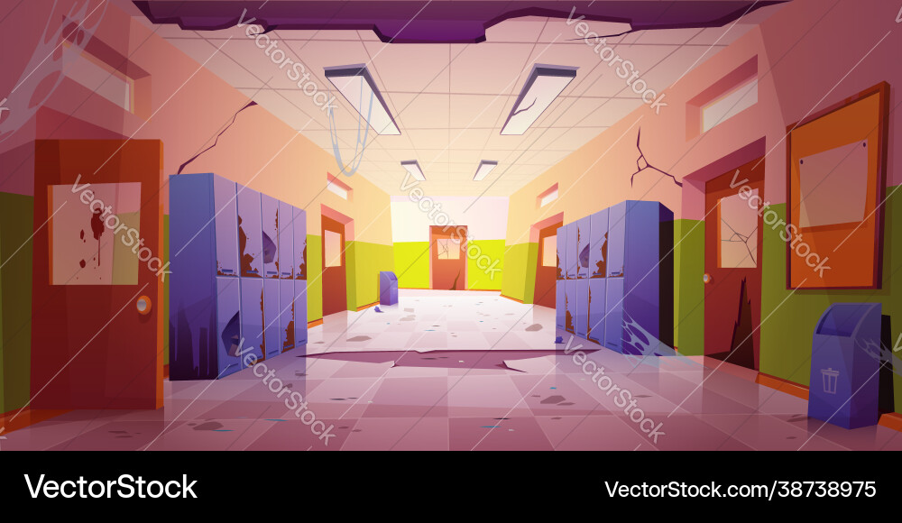 Old dirty school hallway with broken lockers Vector Image