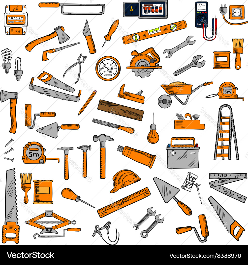 Hand tools and equipments sketch symbols Vector Image