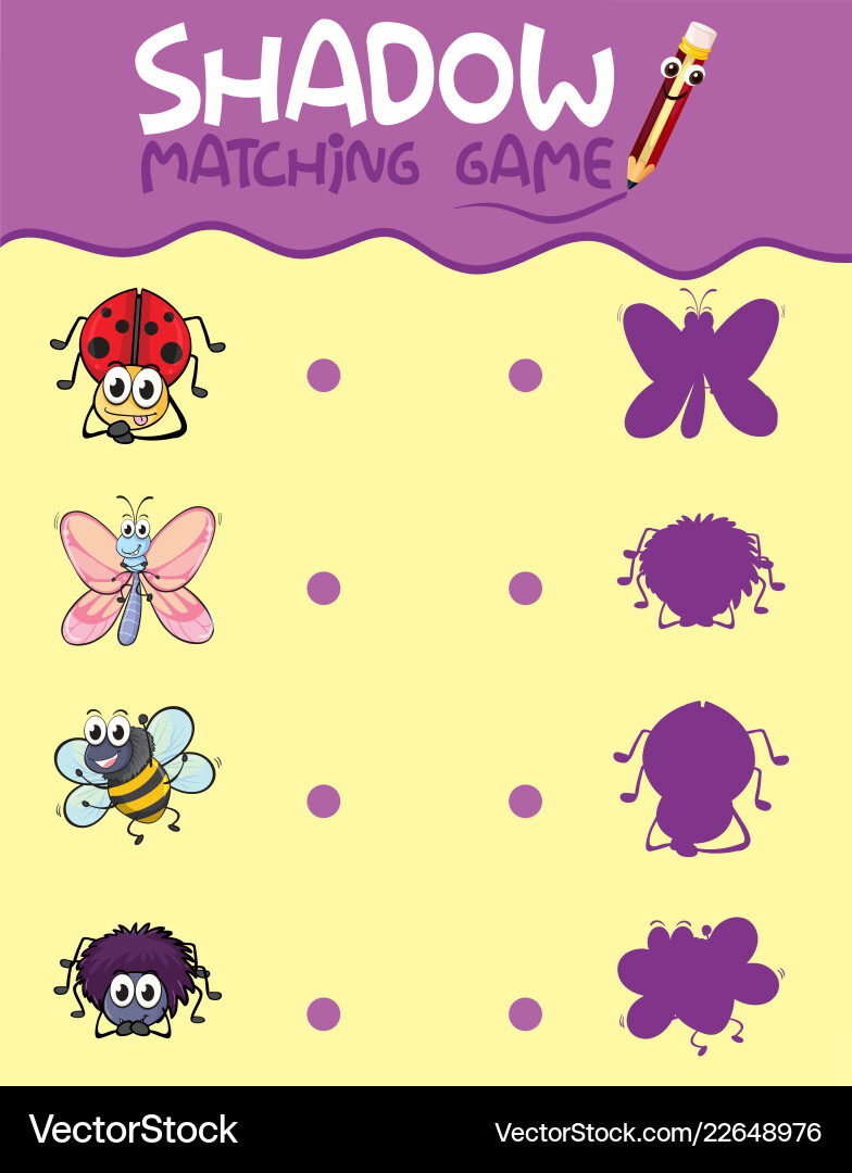Insect shadow matching game template Royalty Free Vector