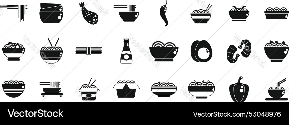 Udon noodles icons set various bowls Royalty Free Vector