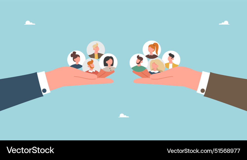 Big hands holding employee icons Royalty Free Vector Image