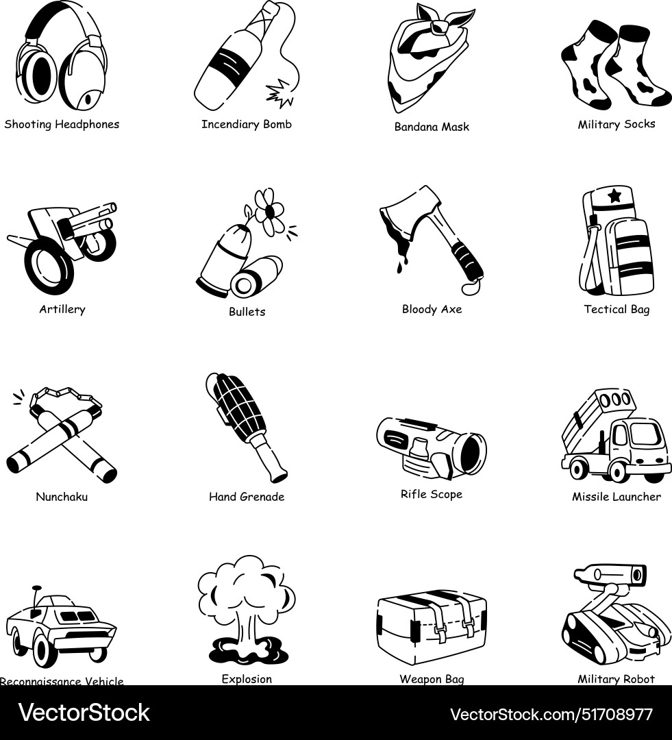 Military tools and weapons doodle icons Royalty Free Vector