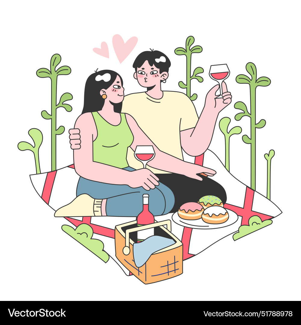 Cute romantic couple on a picnic drinking Vector Image