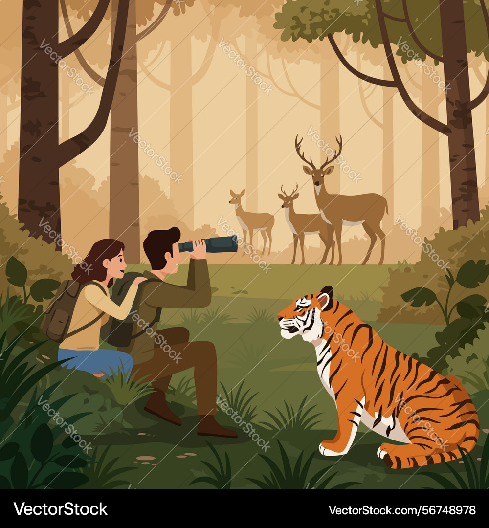 People observing deer and tiger in forest scene Vector Image