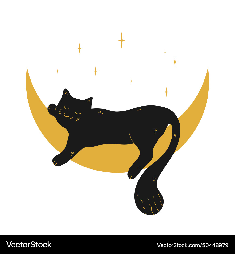 Cute black cat sleeping on a crescent Royalty Free Vector