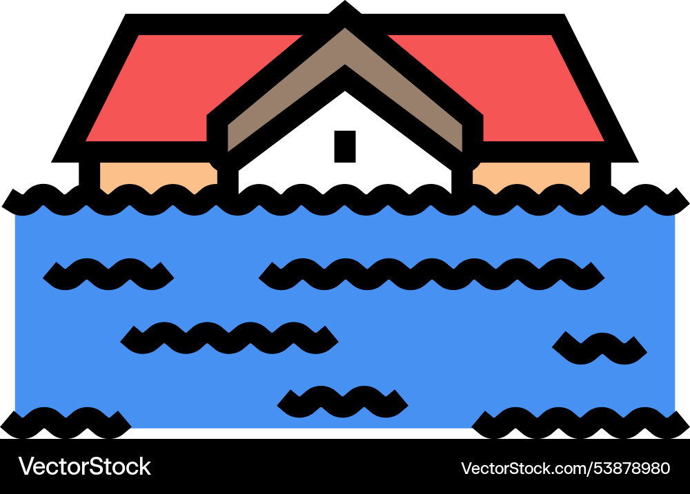 Flooded house disaster color icon Royalty Free Vector Image