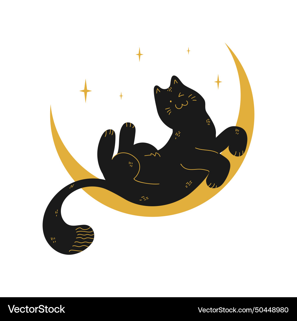 Funny black cat is lying on a crescent Royalty Free Vector