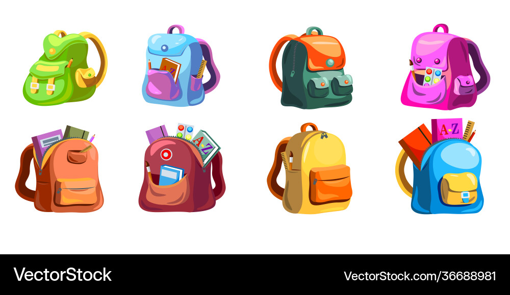 Cartoon primary schoolbags set Royalty Free Vector Image