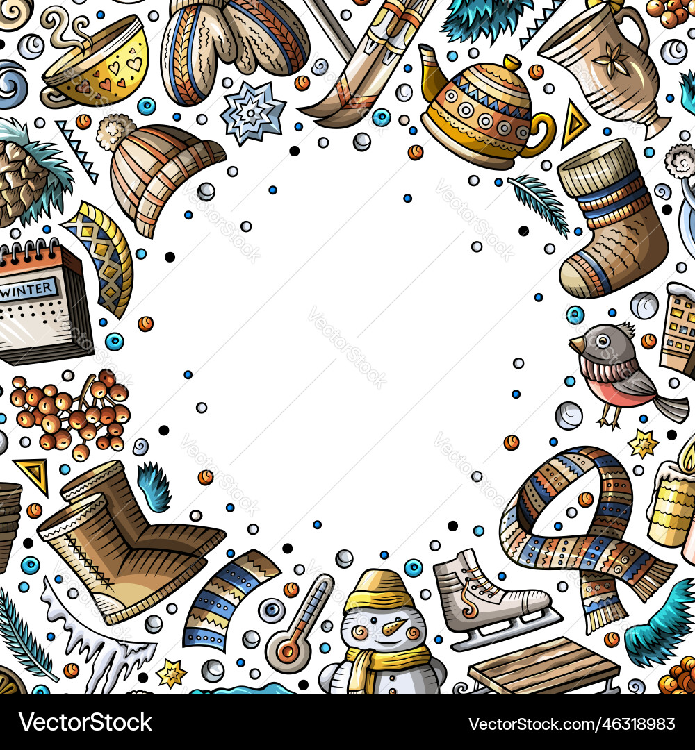 Cartoon doodles winter objects frame card design Vector Image