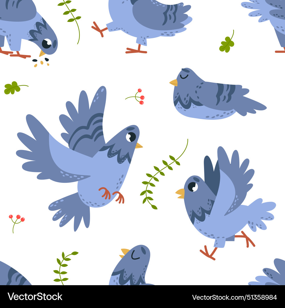 Pigeons seamless pattern cartoon birds flying Vector Image