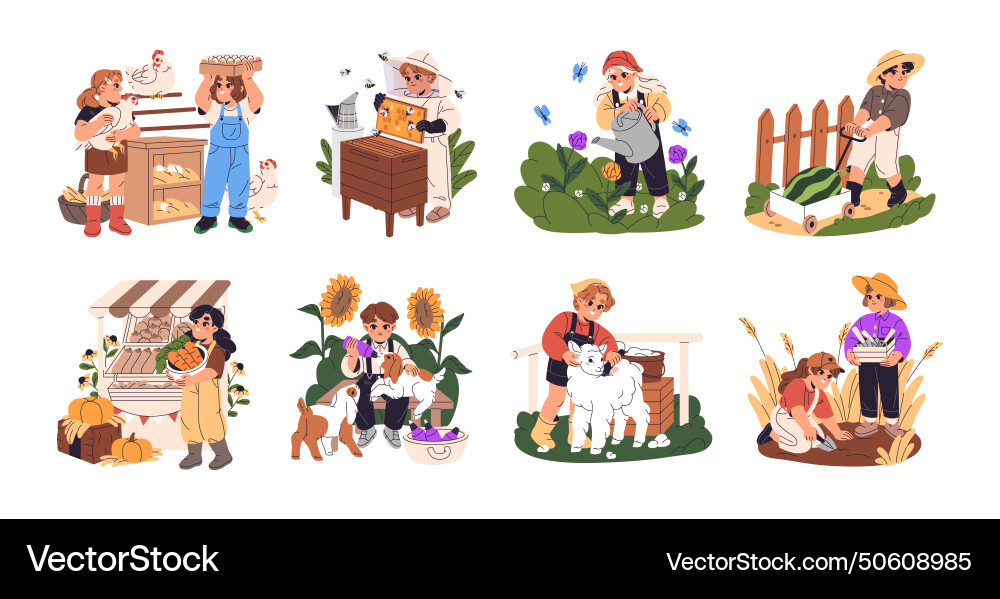 Children work on agriculture farm set kids care Vector Image