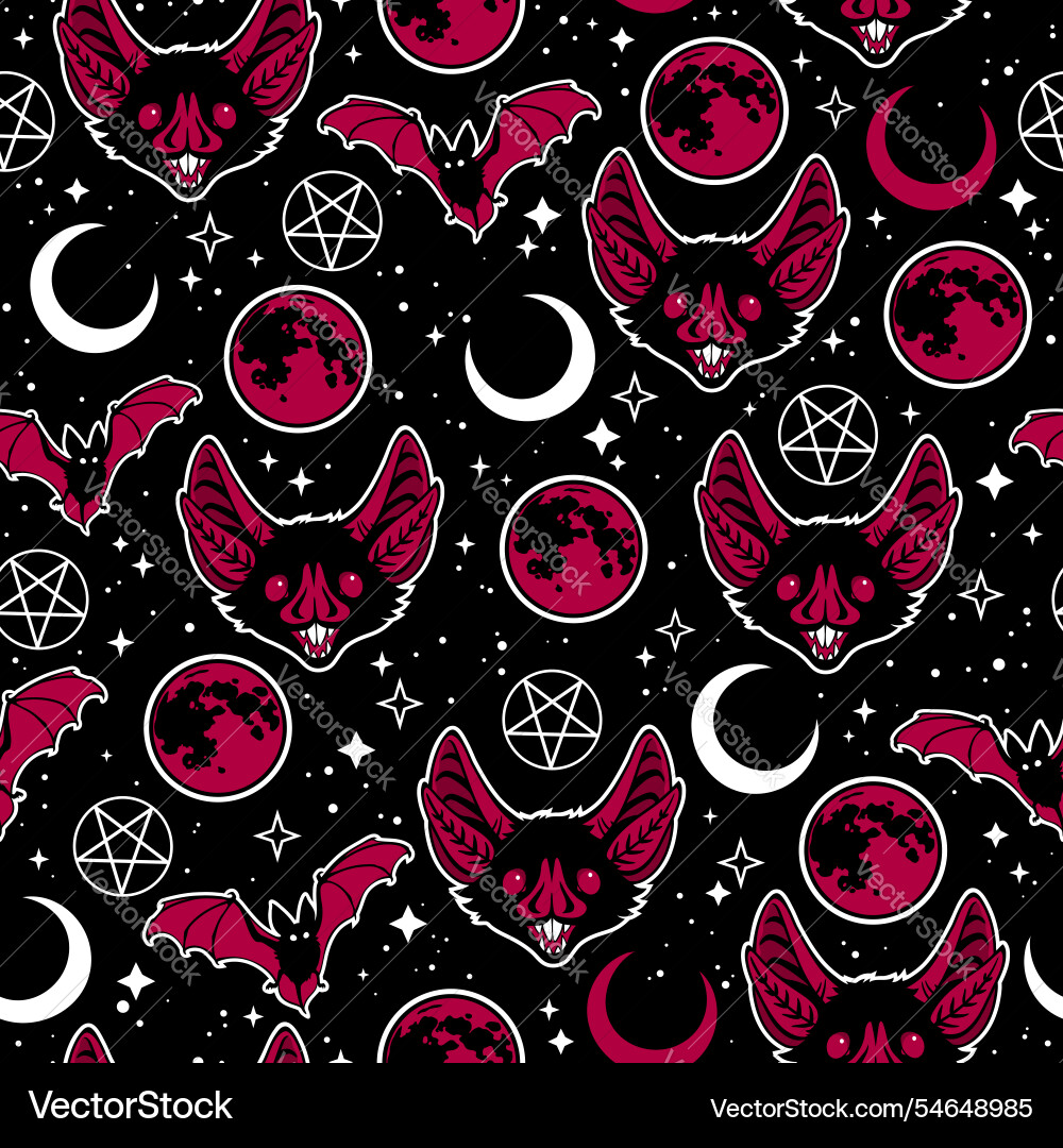Seamless gothic pattern bat heads and moons Vector Image