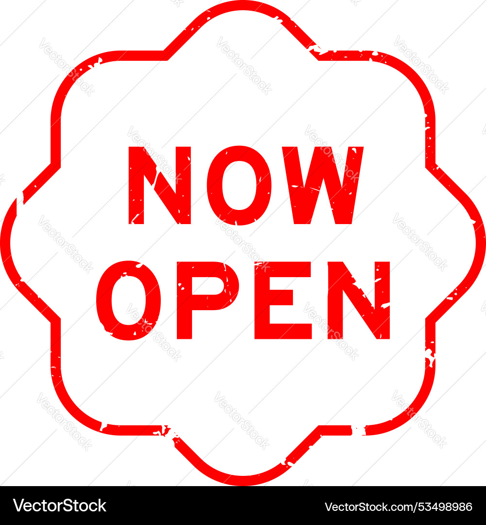 Grunge red now open word rubber seal stamp Vector Image