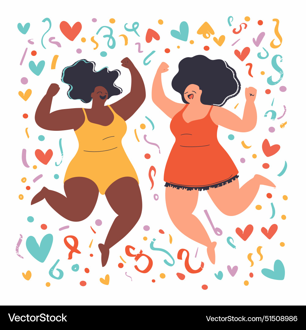 Two joyful women dancing celebration diversity Vector Image