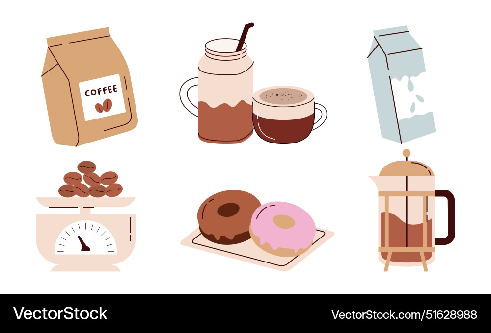 Coffee elements set machine brewing tools Vector Image