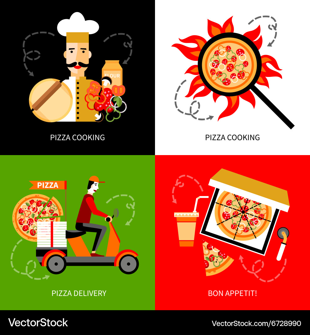 Pizza delivery 4 flat icons square Royalty Free Vector Image