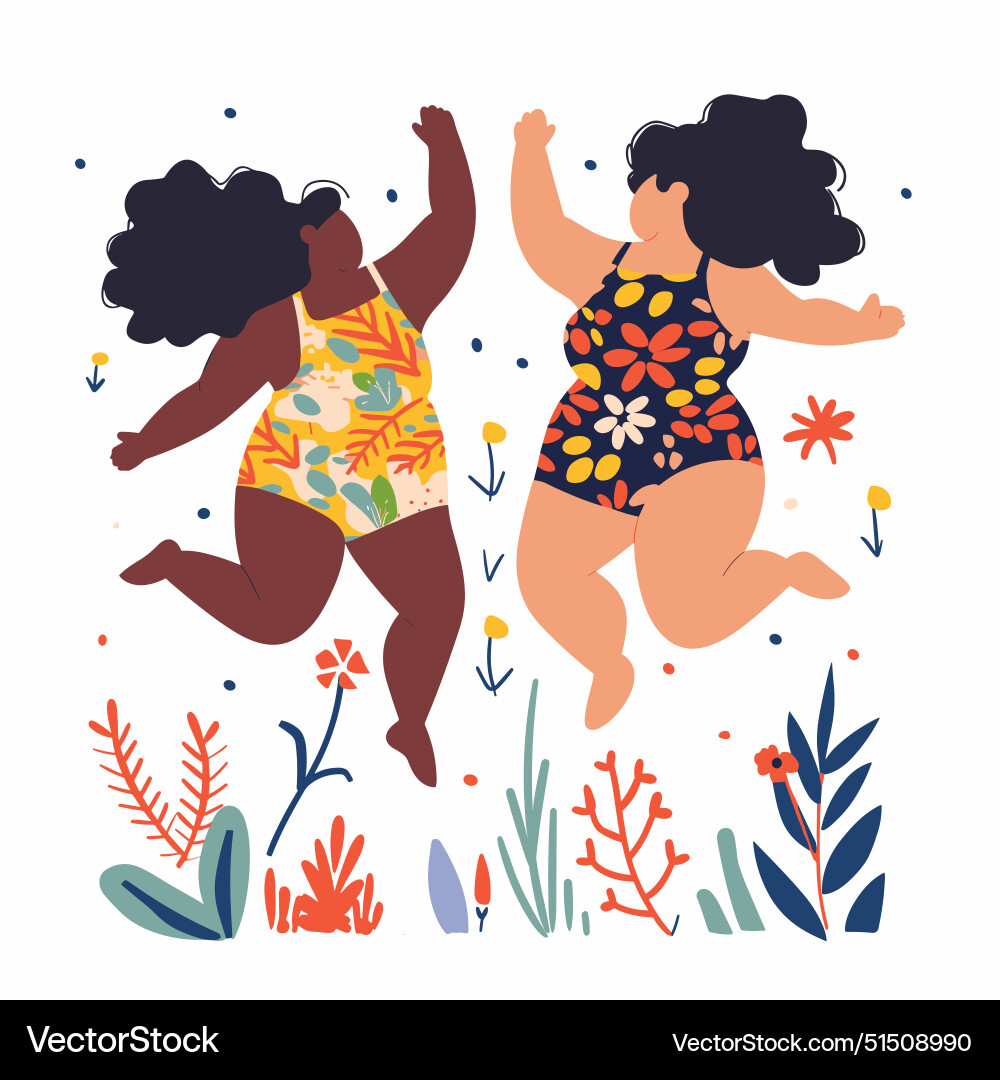 Two women dancing joyfully among stylized plants Vector Image
