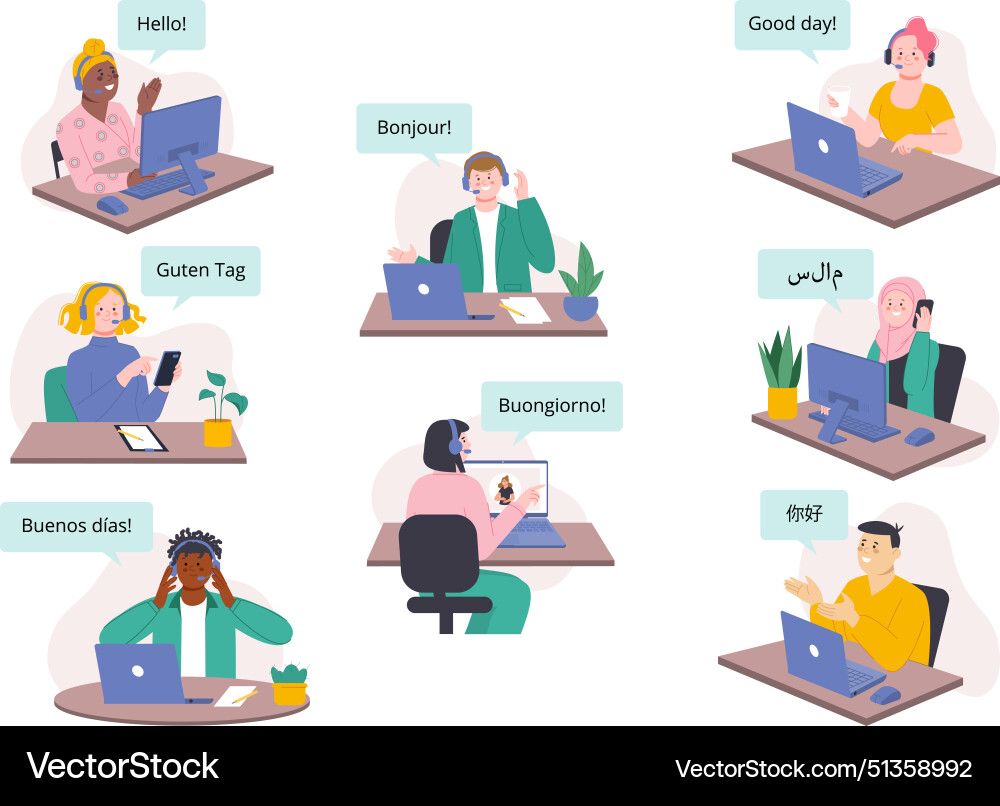 Hotline service call center workers welcoming Vector Image