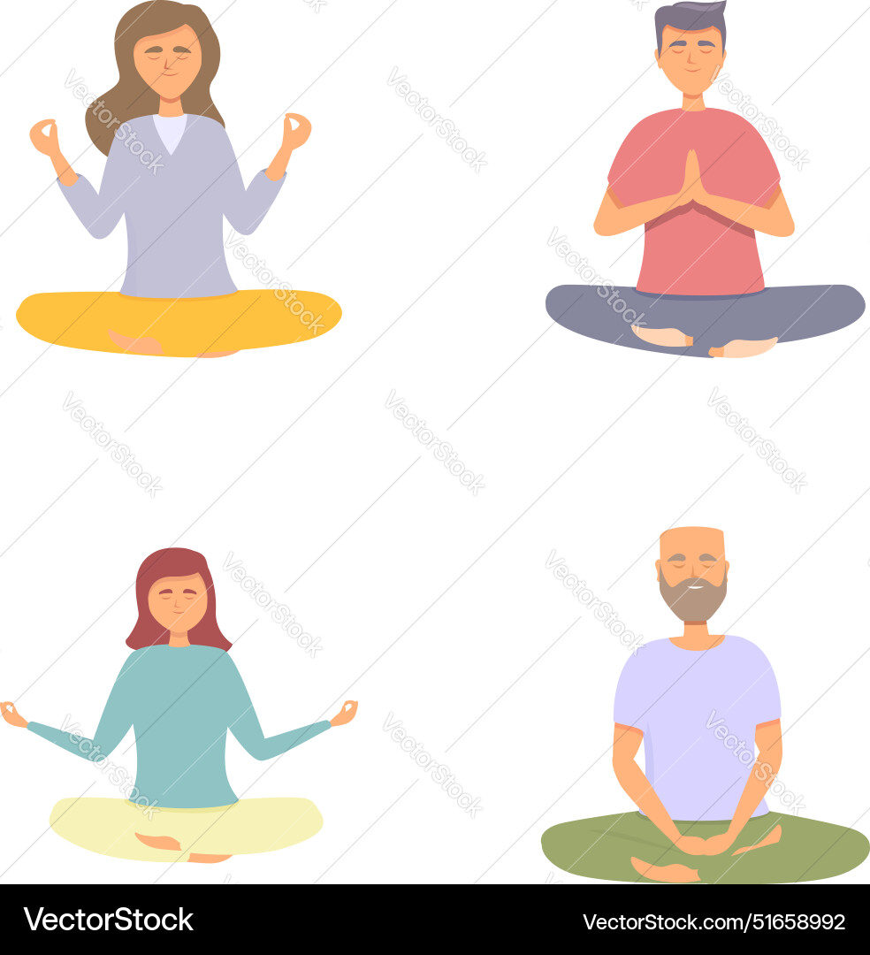 Meditation practice icons set cartoon Royalty Free Vector