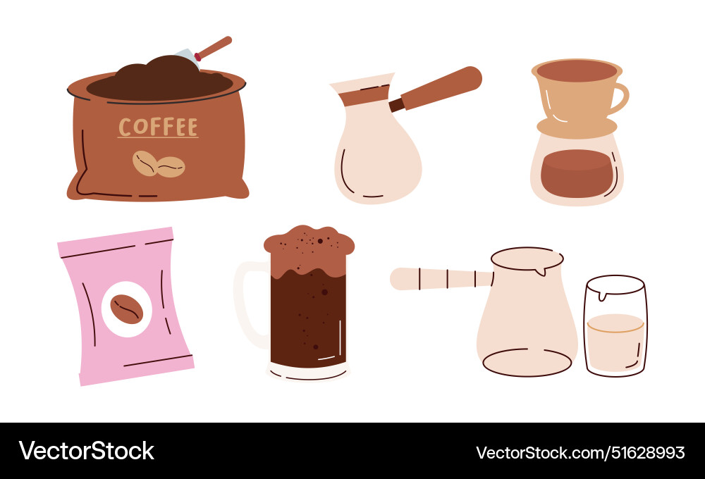 Coffee elements set machine brewing tools Vector Image