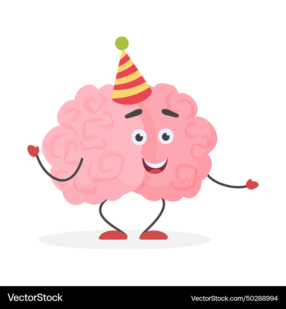 Cute happy human brain character in cone shape hat