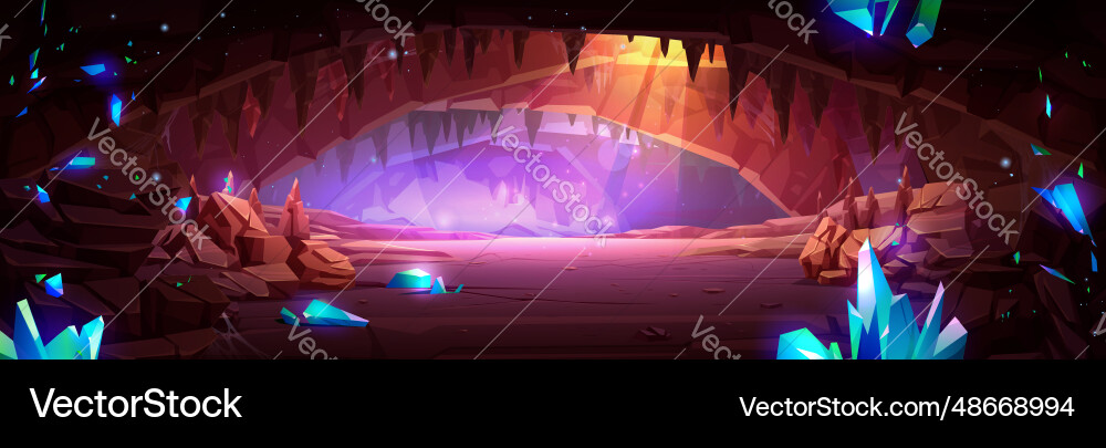 Large cave with gemstones on walls Royalty Free Vector Image