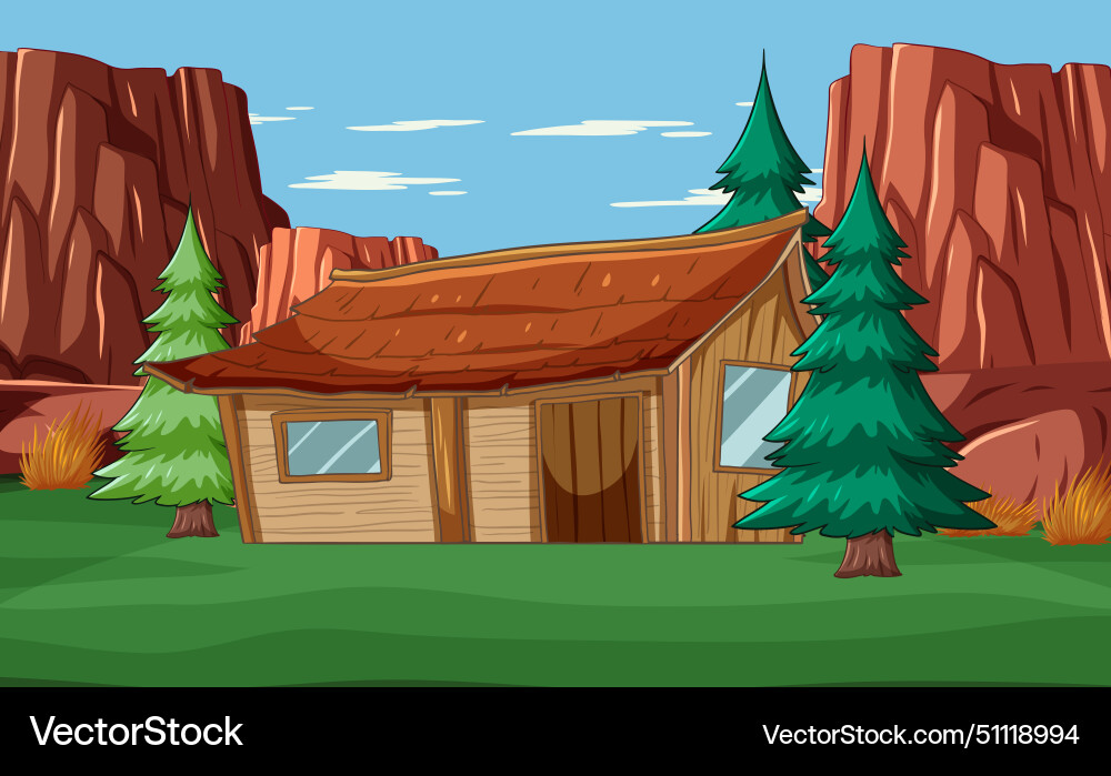 Wooden cabin surrounded by trees and cliffs Vector Image