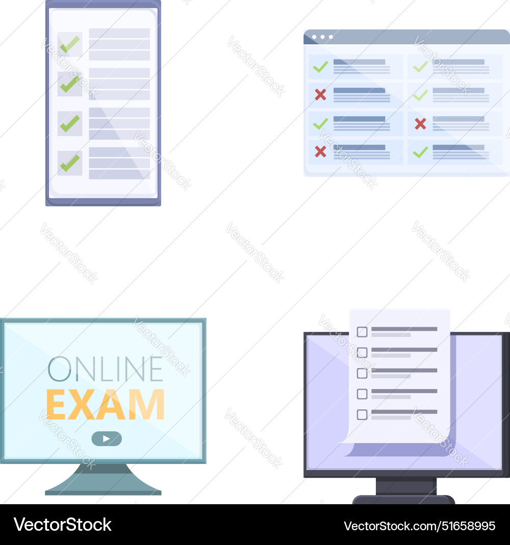 Online exam icons set cartoon taking Royalty Free Vector