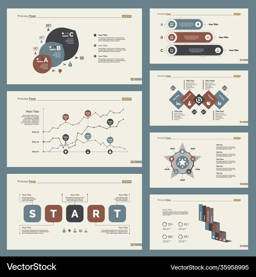Seven statistics slide templates set Royalty Free Vector