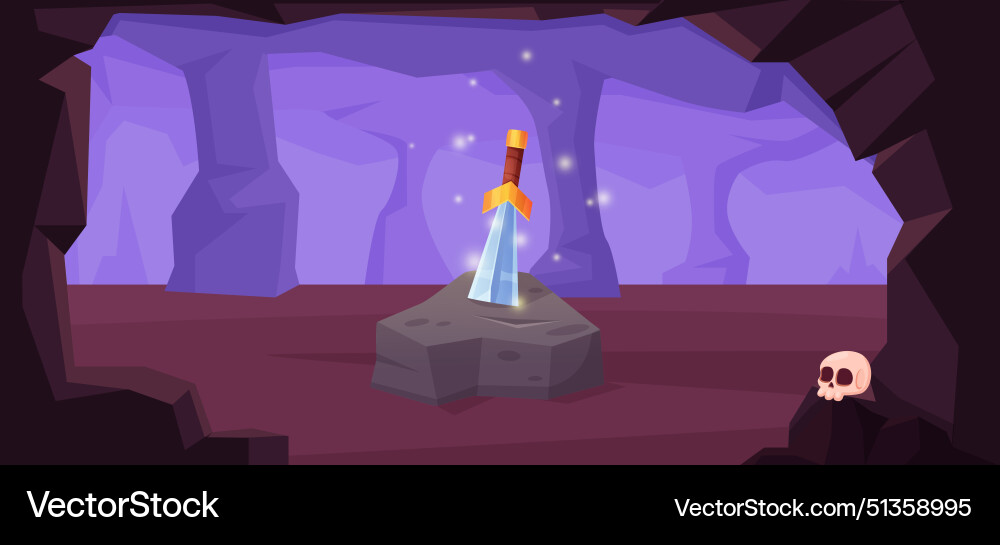 Sword in stone cave medieval fairy tale scene Vector Image