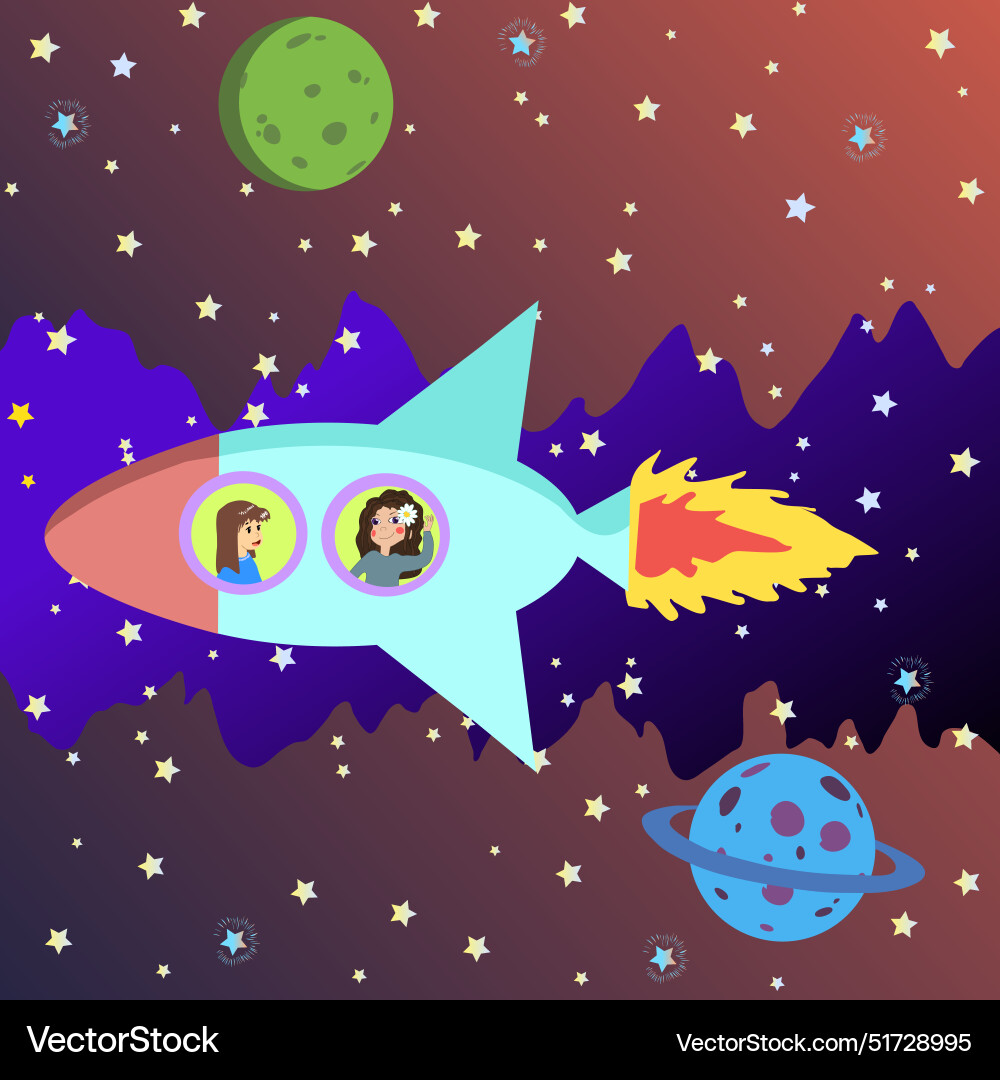 Two girls flying in space on rocket looking Vector Image